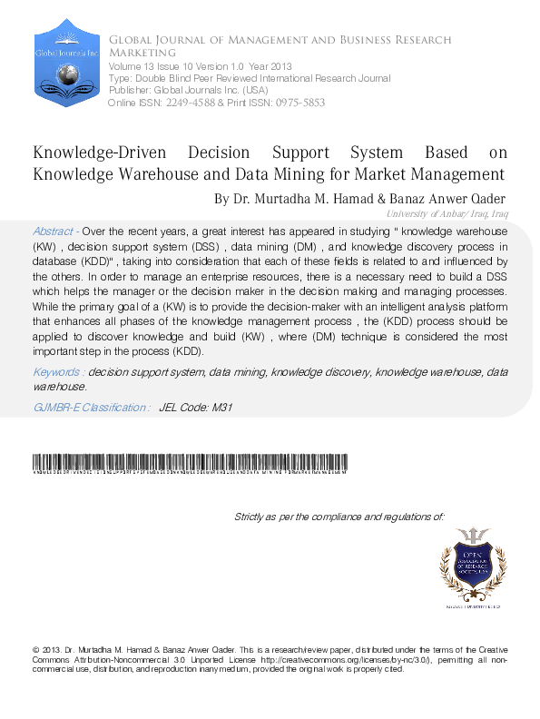Pdf Knowledge Driven Decision Support System Based On Knowledge Warehouse And Data Mining For