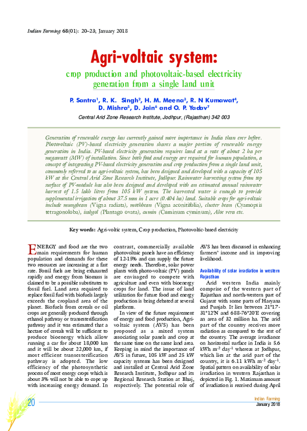 (PDF) Agri-voltaic system: Crop production and photovoltaic-based ...