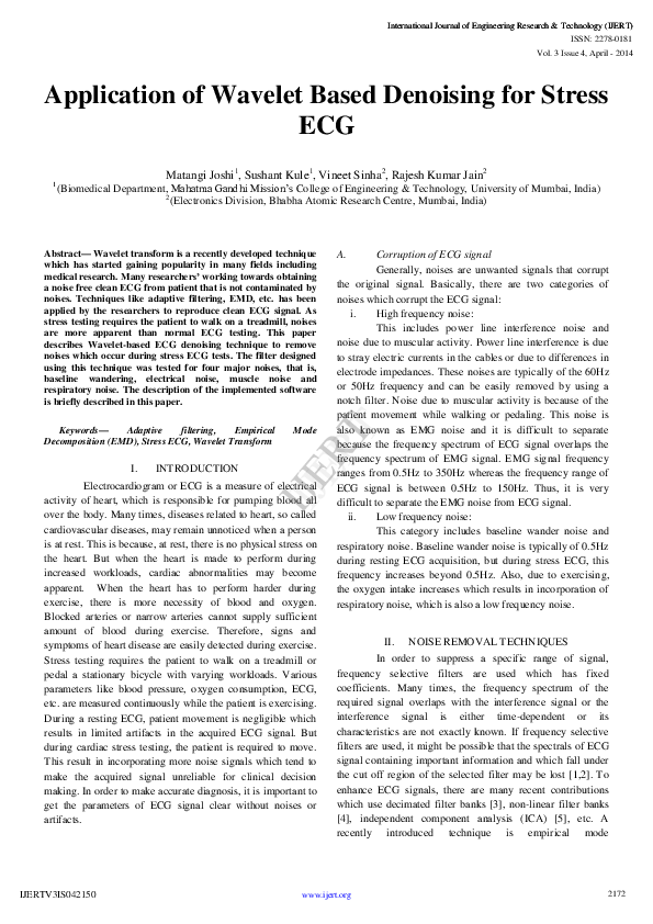 (PDF) Application of Wavelet Based Denoising for Stress ECG
