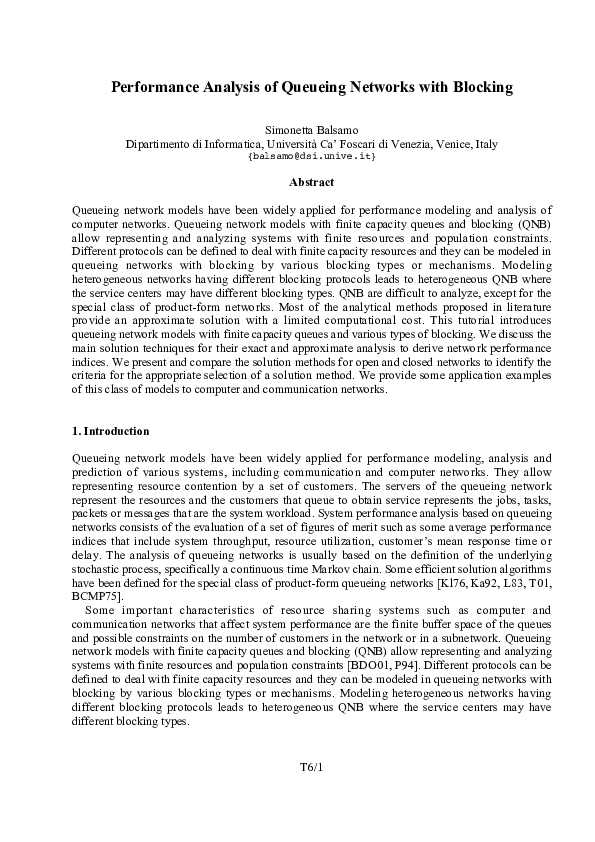 (PDF) Performance analysis of queueing networks with blocking | Simonetta Balsamo - Academia.edu
