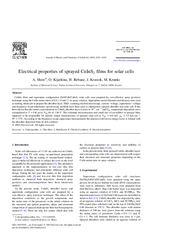 (PDF) Electrical properties of sprayed CuInS2 films for solar cells
