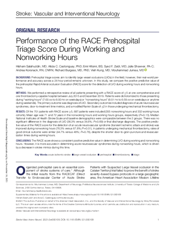 (PDF) Performance of the RACE Prehospital Triage Score During Working ...