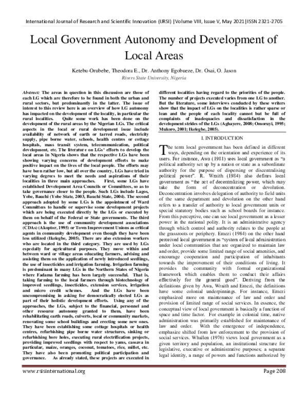 (PDF) Local Government Autonomy and Development of Local Areas (PDF) Local Government Autonomy and Development of Local Areas