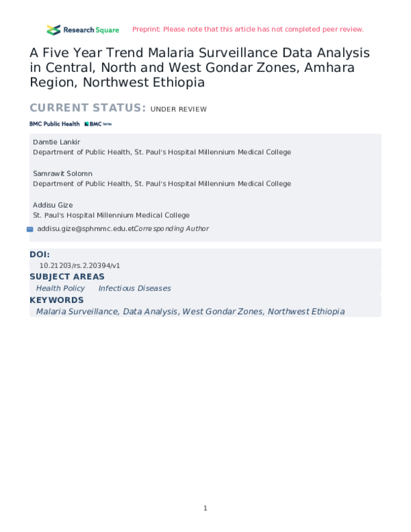 (PDF) A Five Year Trend Malaria Surveillance Data Analysis in Central ...