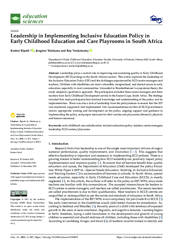 (PDF) Leadership in Implementing Inclusive Education Policy in Early ...