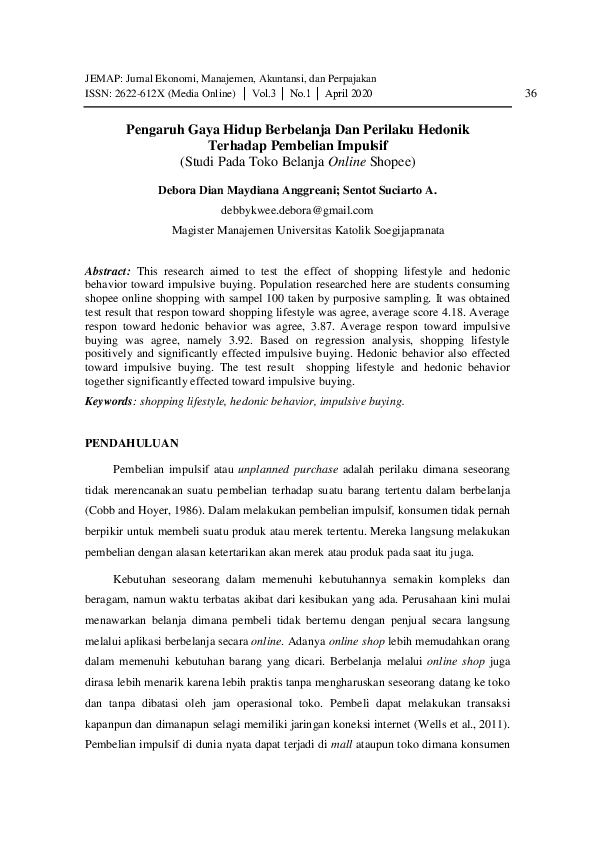 (PDF) Pengaruh Gaya Hidup Berbelanja Dan Perilaku Hedonik Terhadap Pembelian Impulsif (Studi ...