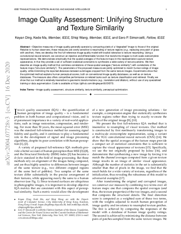 (PDF) Image Quality Assessment: Unifying Structure and Texture Similarity