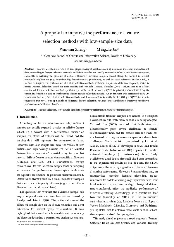 (PDF) A proposal to improve the performance of feature selection methods with low-sample-size data