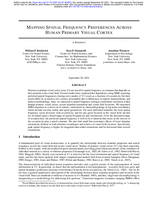 Pdf Mapping Spatial Frequency Preferences Across Human Primary Visual Cortex
