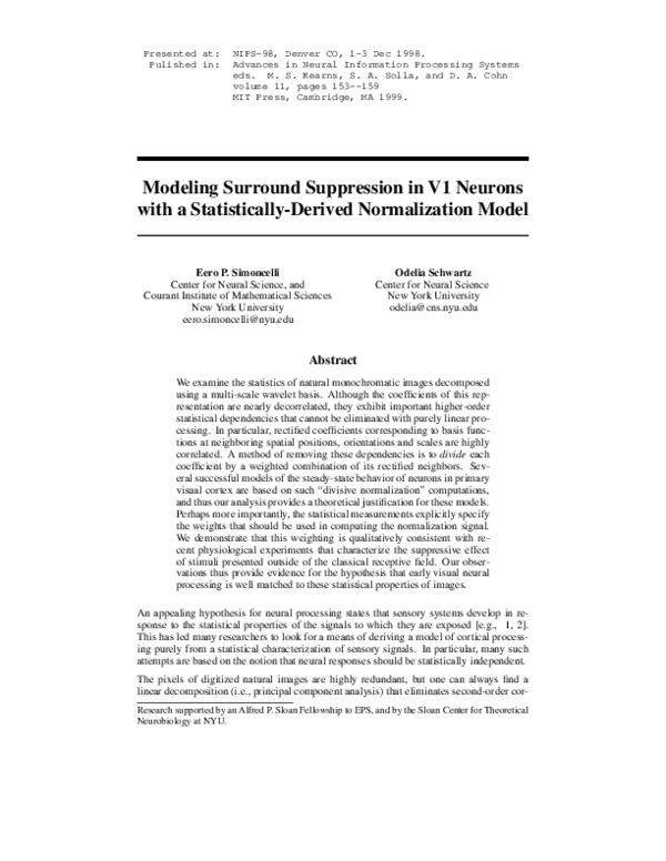 (PDF) Modeling Surround Suppression in V1 Neurons with a Statistically Derived Normalization Model