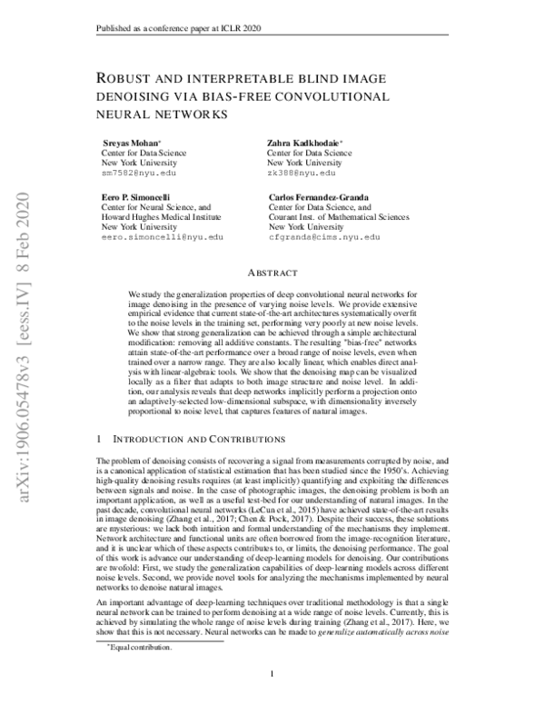 Pdf Robust And Interpretable Blind Image Denoising Via Bias Free Convolutional Neural Networks