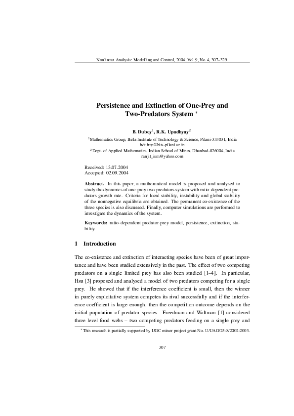 (PDF) Persistence and extinction of one-prey and two-predator system