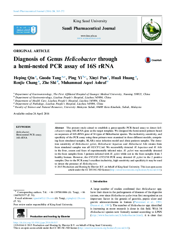 (PDF) Diagnosis of Genus Helicobacter through a hemi-nested PCR assay ...