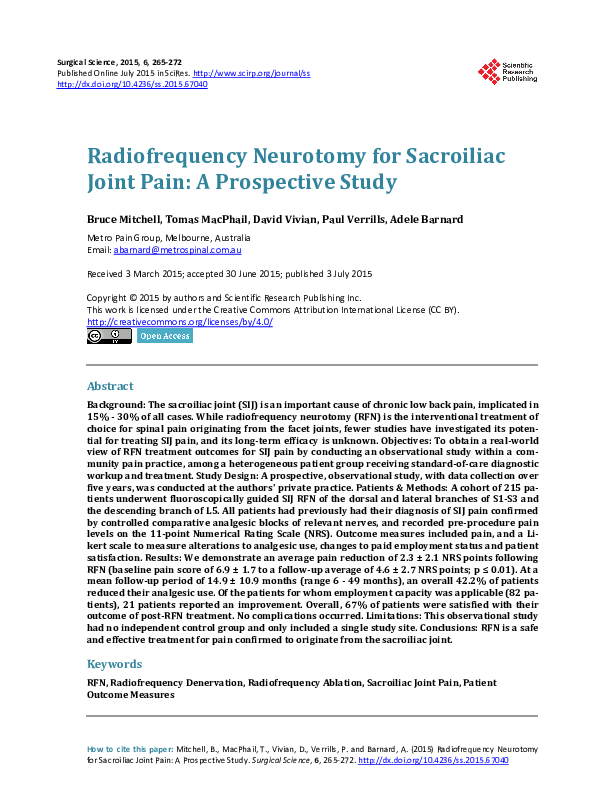 (PDF) Radiofrequency Neurotomy for Sacroiliac Joint Pain: A Prospective Study