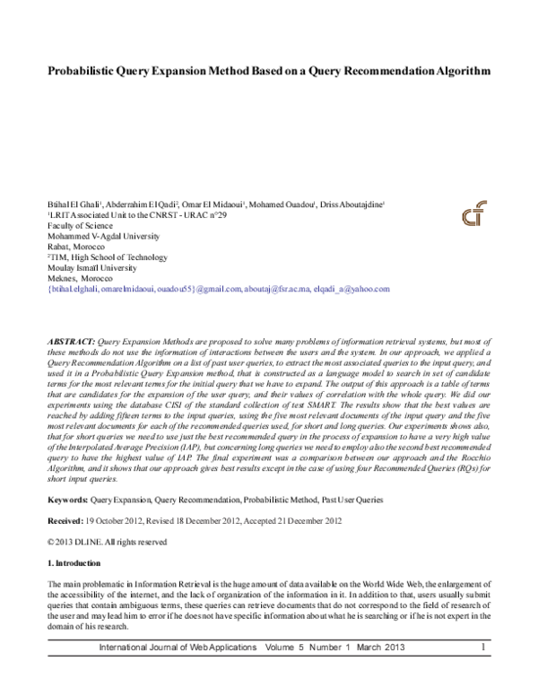 (PDF) Probabilistic Query Expansion Method Based on a Query Recommendation Algorithm