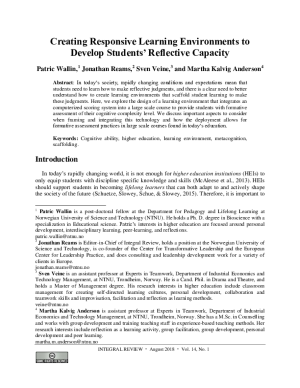 (PDF) Creating Responsive Learning Environments to Develop Students’ Reflective Capacity
