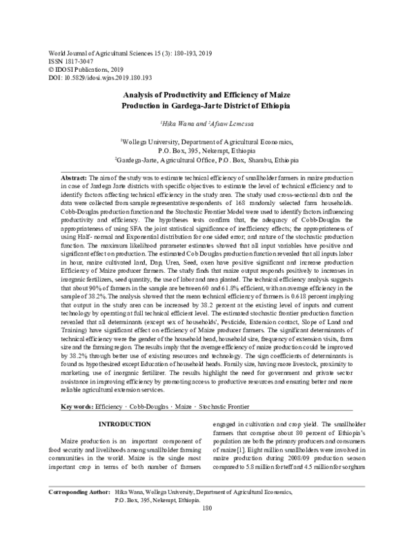 (PDF) Analysis of Productivity and Efficiency of Maize Production in Gardega-Jarte District of ...