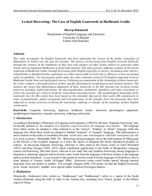 (PDF) Lexical Borrowing : The Case of English Loanwords in Hadhrami Arabic