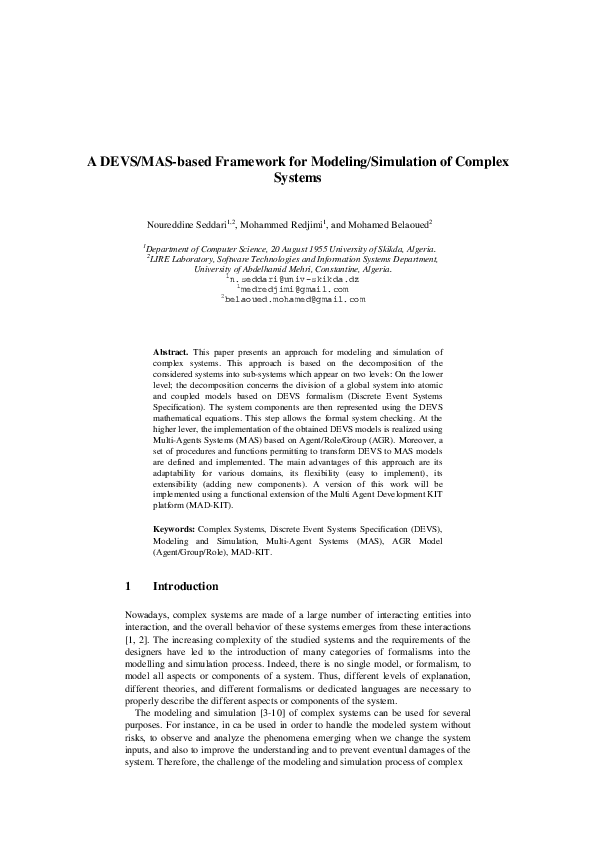 Pdf A Devs Mas Based Framework For Modeling Simulation Of Complex Systems Mohammed Redjimi