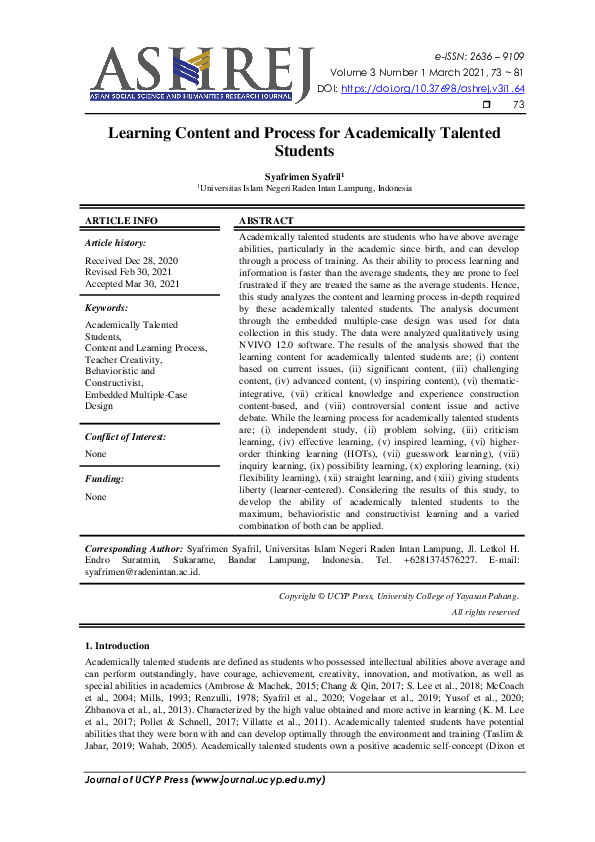 (PDF) Learning Content and Process for Academically Talented Students ...