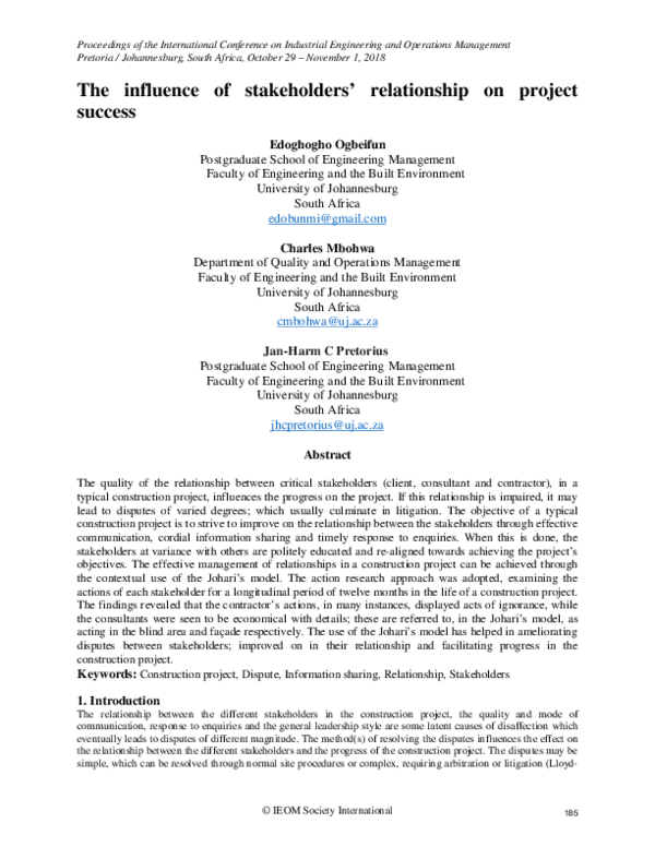 (PDF) The influence of stakeholders’ relationship on project success ...