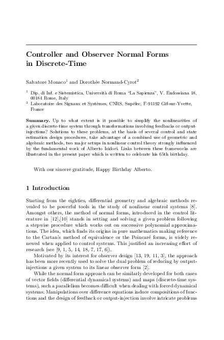 (PDF) Controller and Observer Normal Forms in Discrete-Time