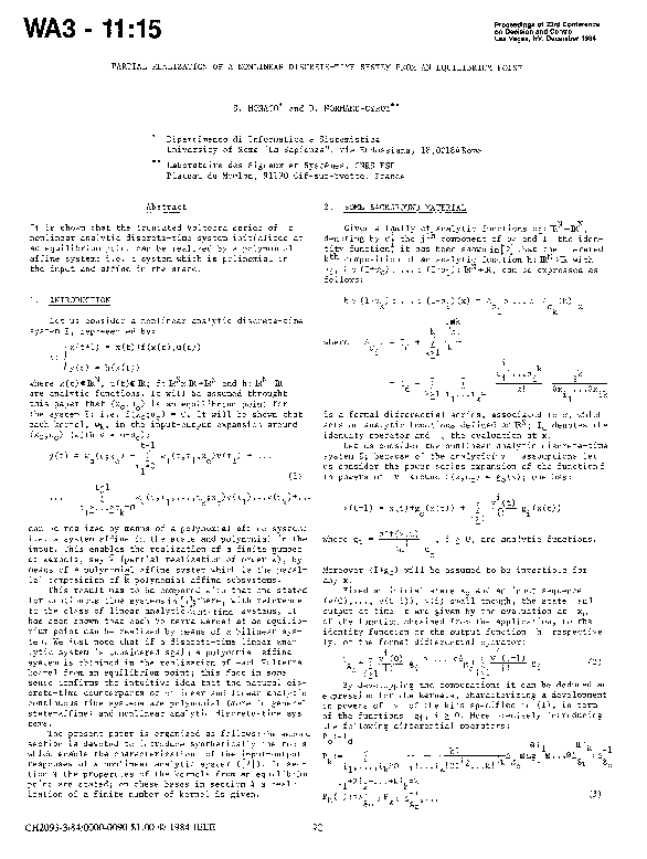 Pdf Partial Realization Of A Nonlinear Discrete Time System From An