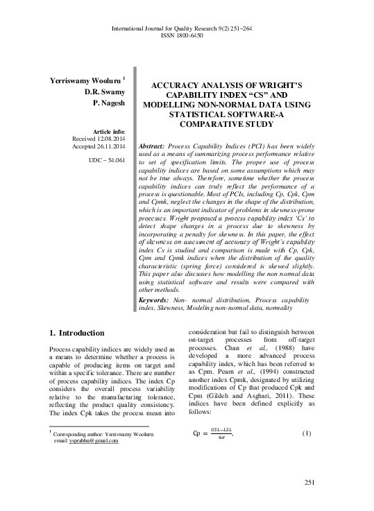 (PDF) Accuracy Analysis of Wright's Capability Index " CS " and Modelling Non-Normal Data Using ...