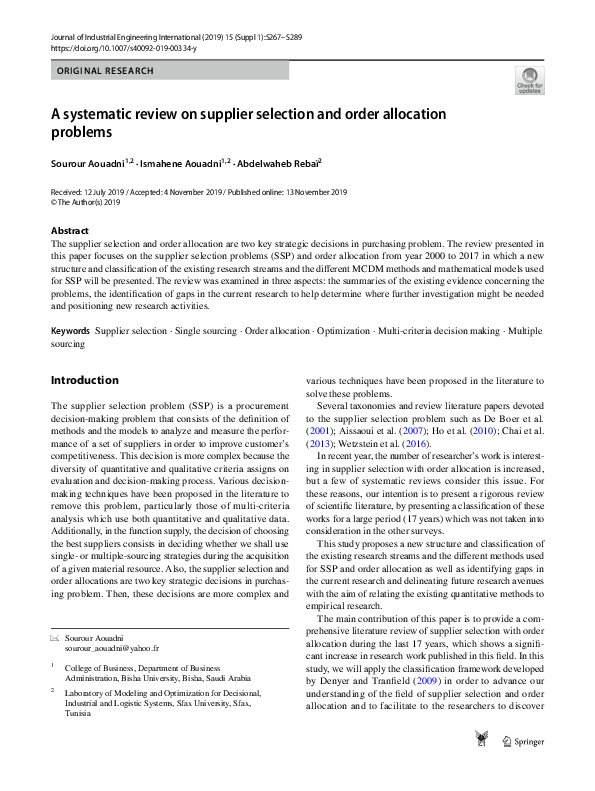 Pdf A Systematic Review On Supplier Selection And Order Allocation