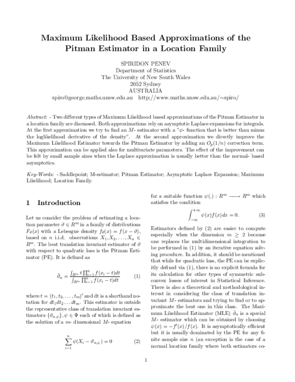 Pdf Maximum Likelihood Based Approximations Of The Pitman Estimator