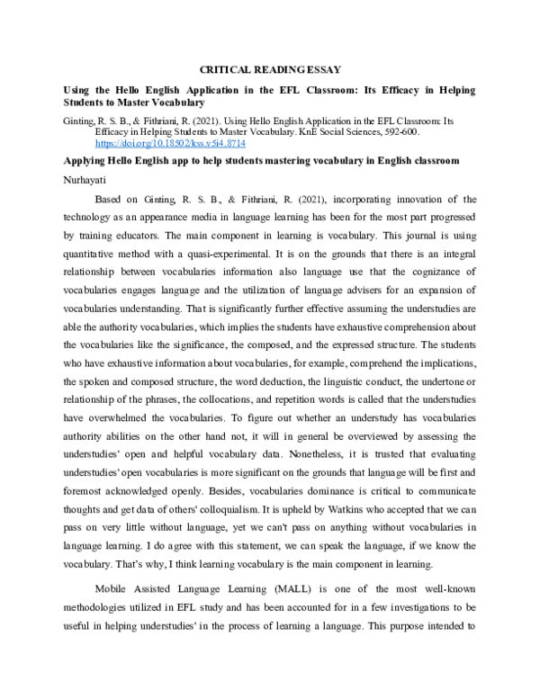 (DOC) CRITICAL READING ESSAY Using the Hello English Application in the ...