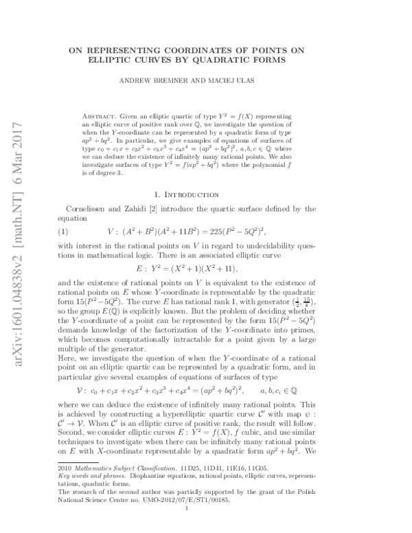 (PDF) On representing coordinates of points on elliptic curves by ...