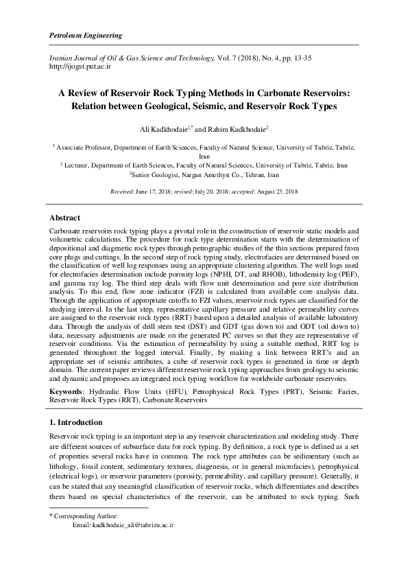 Pdf A Review Of Reservoir Rock Typing Methods In Carbonate Reservoirs