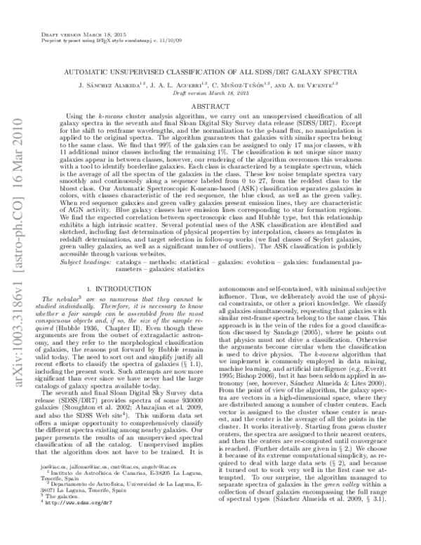 (PDF) Automatic Unsupervised Classification of All Sloan Digital Sky Survey Data Release 7 ...