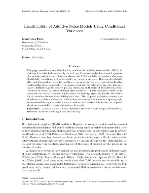 (PDF) Identifiability of Additive Noise Models Using Conditional Variances
