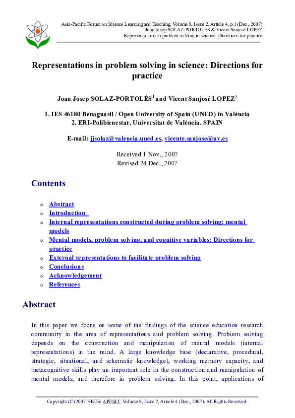 (PDF) Representations in Problem Solving in Science: Directions for ...
