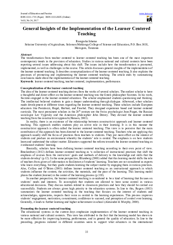 Pdf General Insights Of The Implementation Of The Learner Centered Teaching