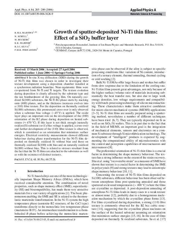 (PDF) Growth of sputter-deposited Ni-Ti thin films: Effect of a SiO2 buffer layer