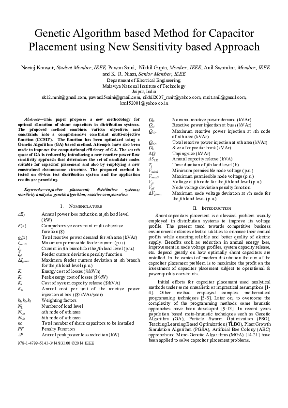 Pdf Genetic Algorithm Based Method For Capacitor Placement Using New Sensitivity Based Approach