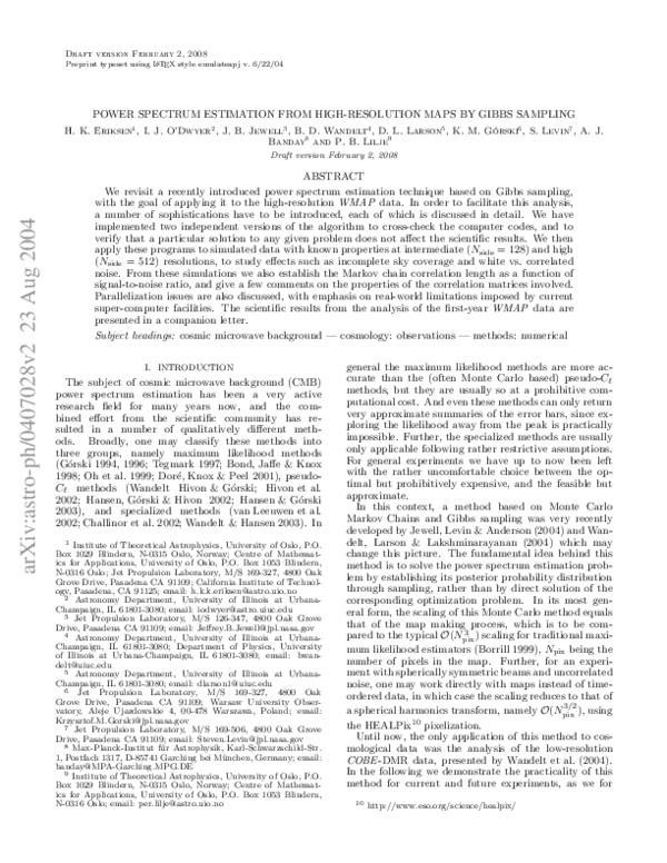 Pdf Power Spectrum Estimation From High‐resolution Maps By Gibbs Sampling
