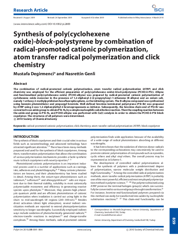 (PDF) Synthesis of poly(cyclohexene oxide)- block -polystyrene by ...