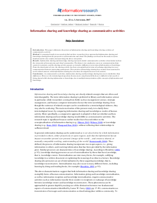 (PDF) Information sharing and knowledge sharing as communicative activities
