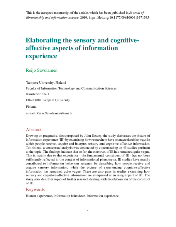 Pdf Elaborating The Sensory And Cognitive Affective Aspects Of Information Experience