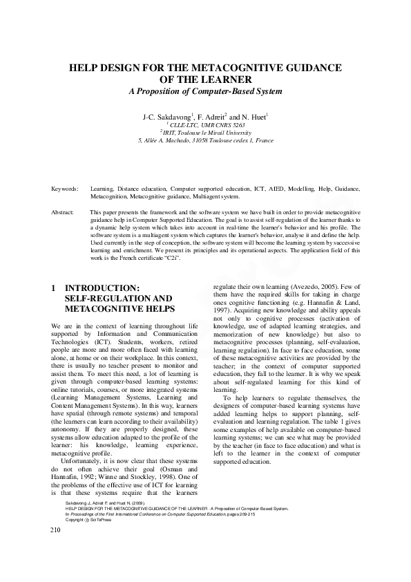 (PDF) Help Design for the Metacognitive Guidance of the Learner: A Proposition of Computer-based ...