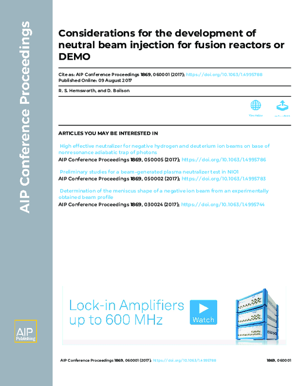 Pdf Considerations For The Development Of Neutral Beam Injection For Fusion Reactors Or Demo