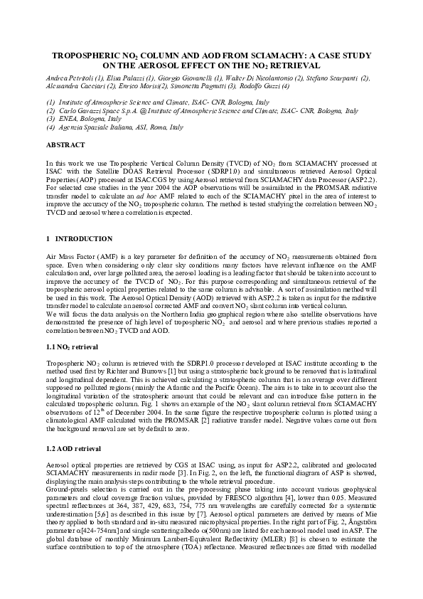 (PDF) Tropospheric NO2 Column and AOD from Sciamachy: A Case Study on the Aerosol Effect on the ...