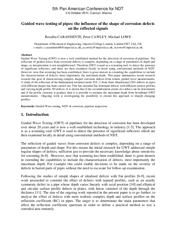 Pdf Guided Wave Testing Of Pipes The Influence Of The Shape Of Corrosion Defects On The