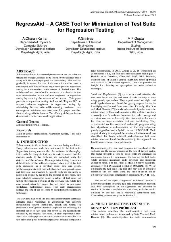 Pdf Regressaid A Case Tool For Minimization Of Test Suite For Regression Testing A Charan