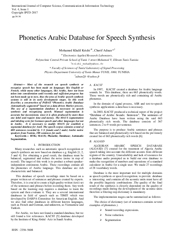 (PDF) Phonetics Arabic Database for Speech Synthesis