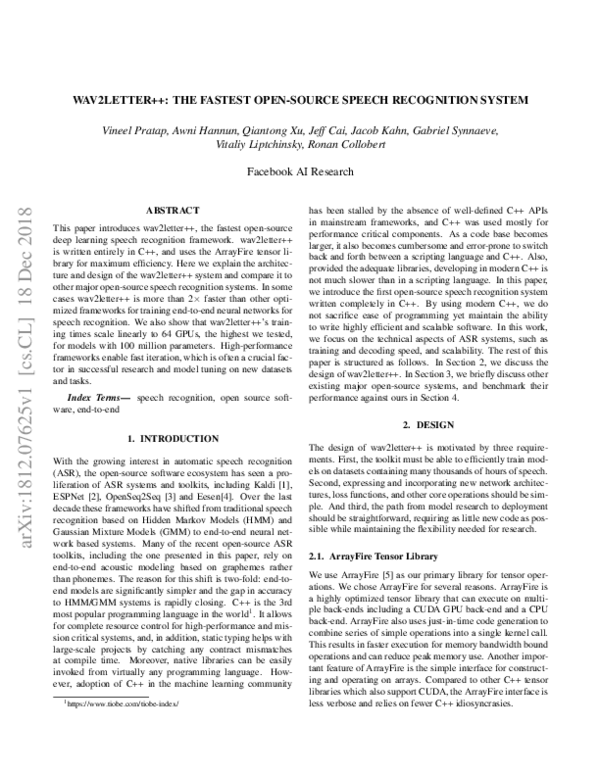 (PDF) Wav2Letter++: A Fast Open-source Speech Recognition System